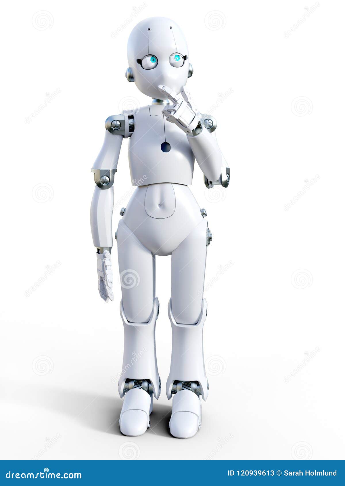 3D Rendering of a White Cartoon Robot Thinking about Something. Stock ...