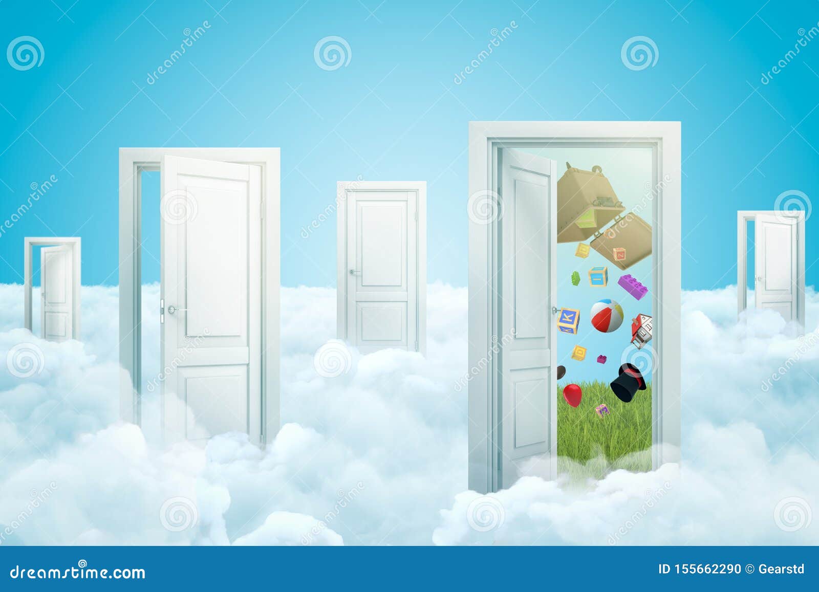 3d Rendering of White Clouds with Open Doorways and Random Objects ...