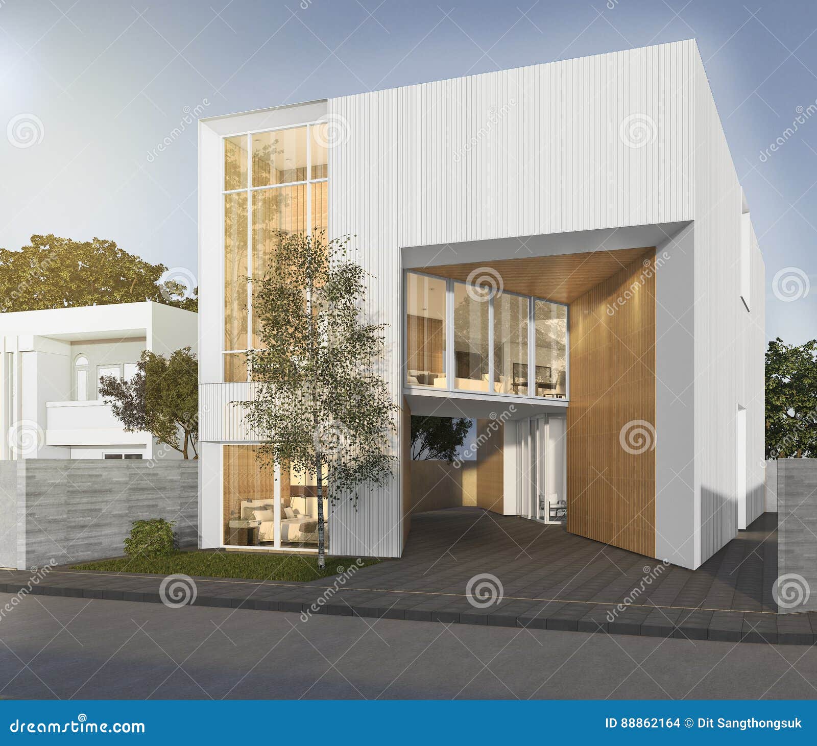 3d Rendering White Cubic House with Modern Design Stock Illustration ...