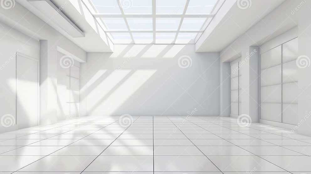 A 3D Rendering of White Empty Space in a Room, Ceramic Tile Floor in Perspective, a Window, and ...