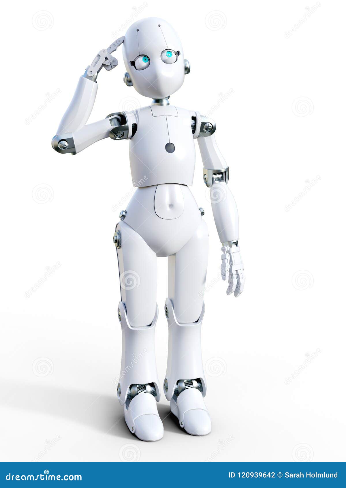 3D Rendering of a White Cartoon Robot Thinking about Something. Stock ...