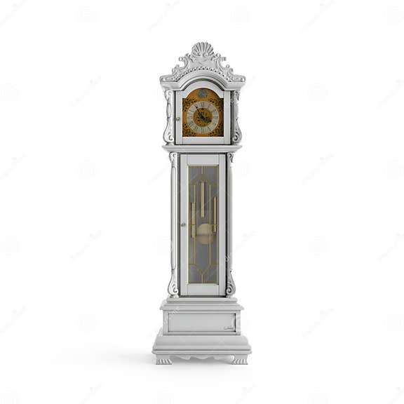 3D Rendering of a White Grandfather Clock Isolated on a White ...