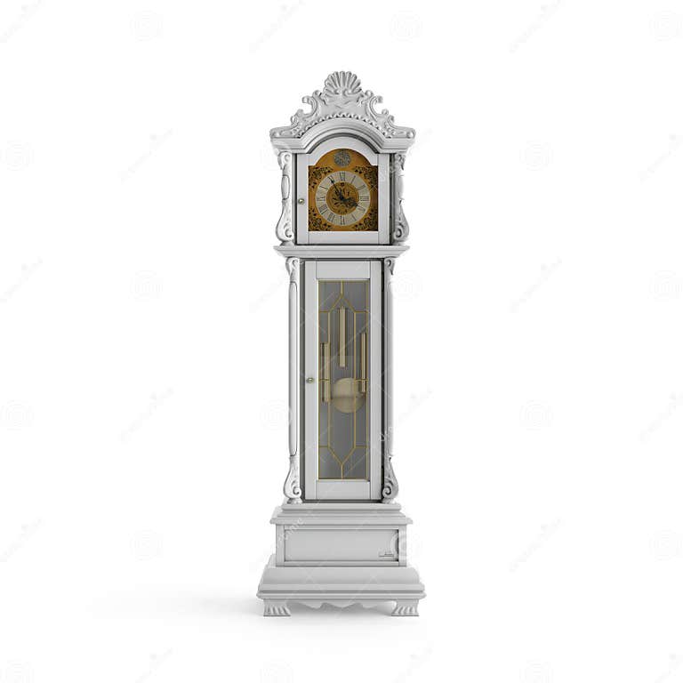 3D Rendering of a White Grandfather Clock Isolated on a White ...