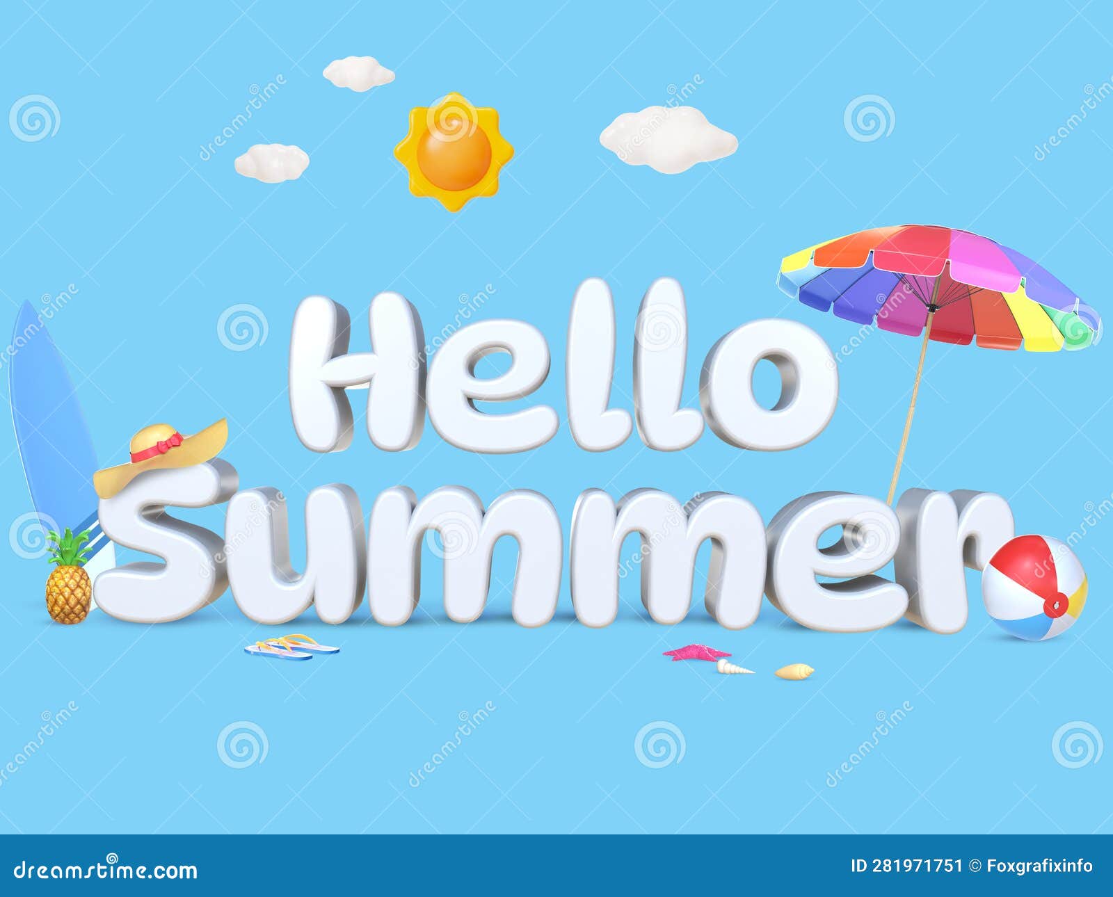 3D Rendering White Hello Summer Word with Summer Objects Isolated on ...