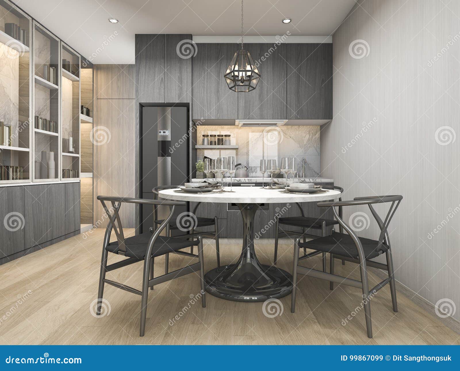 3d Rendering White Modern and Luxury Design Kitchen with Dining Table ...