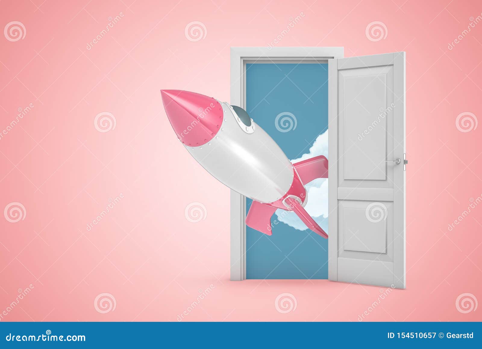 3d Rendering Of A White Open Doorway With Silver Pink Space Rocket On ...