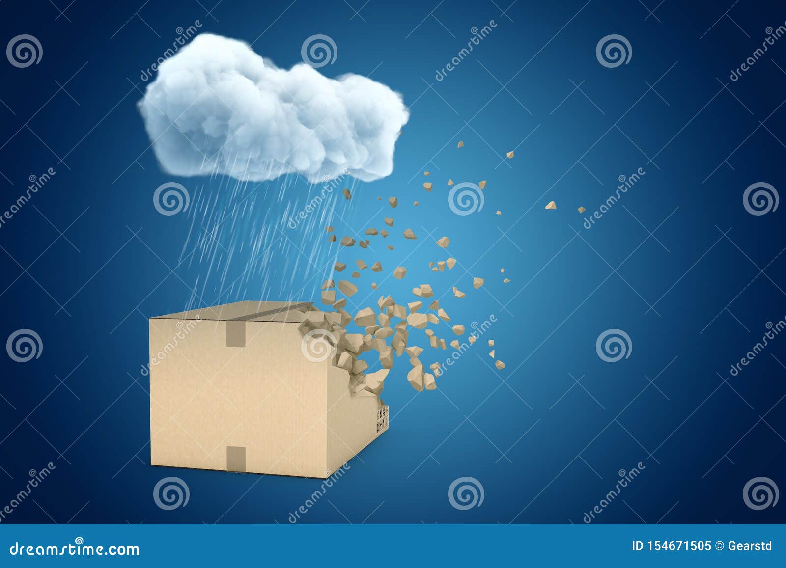 3d Rendering of White Rainy Cloud Above Cardboard Box Shattering into ...