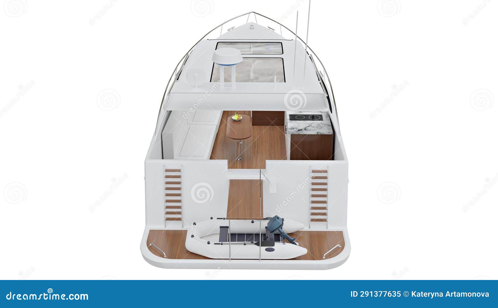 3D Rendering White Realistic Luxury Pleasure Yacht. Back View Stock ...