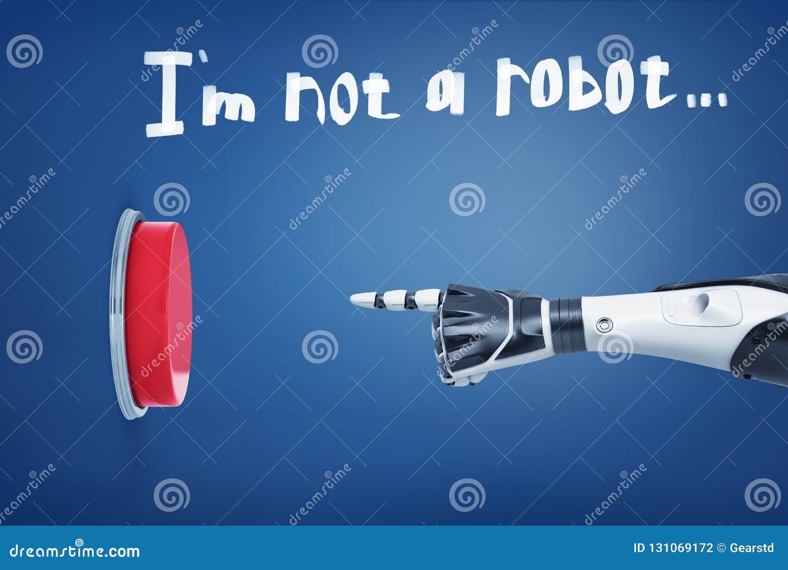 3d Rendering of White Robotic Arm Points at a Large Red Button Under a ...