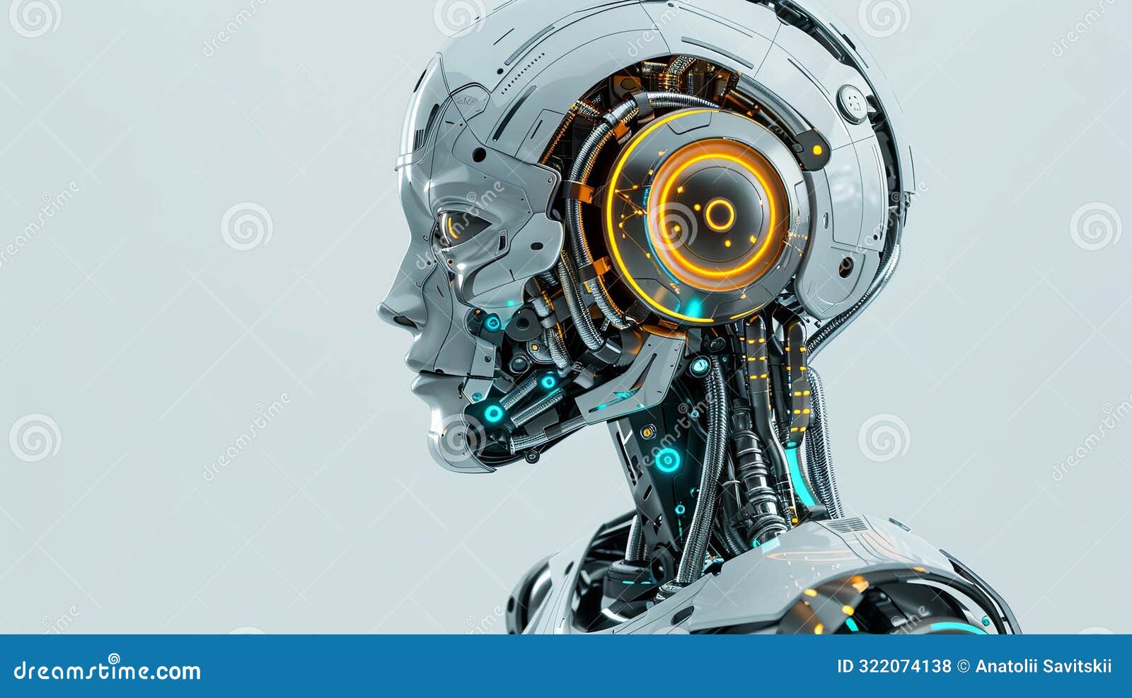 A 3D Rendering of a White, Robotic Head with a Visible Digital Brain ...