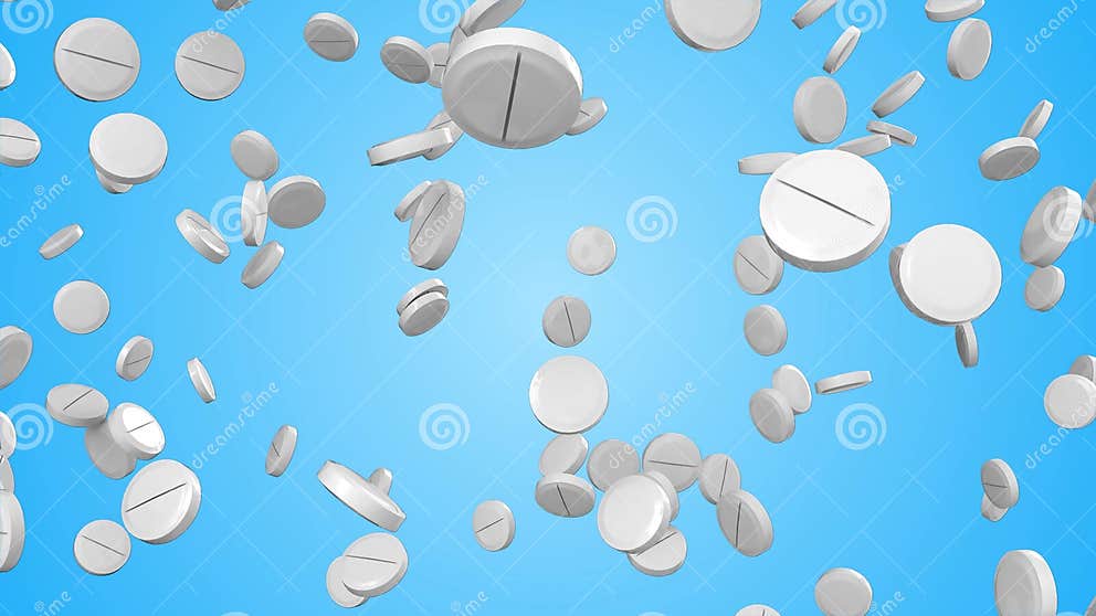 3D Rendering of White Round Pills Falling on a Blue Background ...