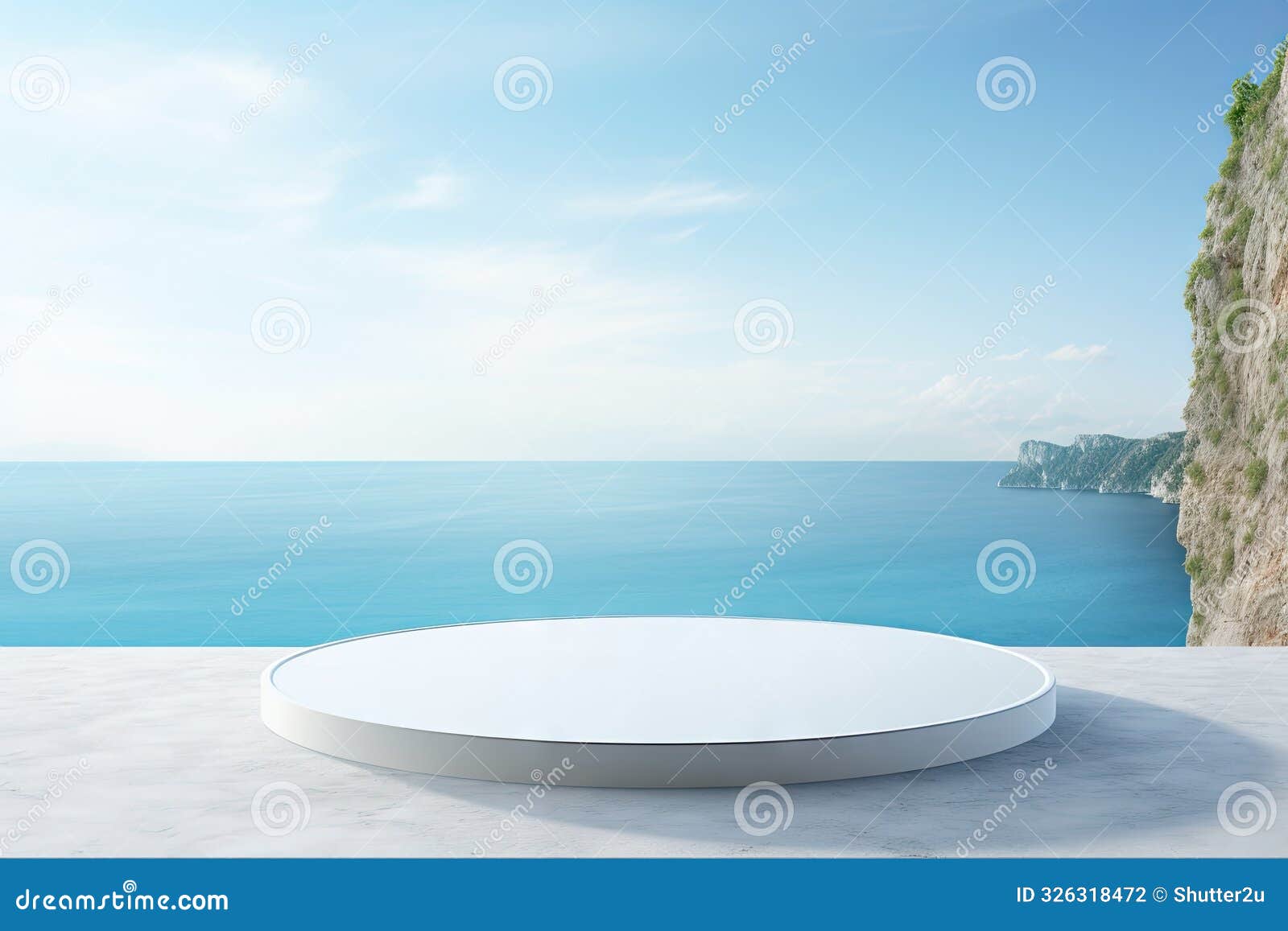 3d Rendering of a White Round Stage on the Stone Pier by the Sea Stock ...