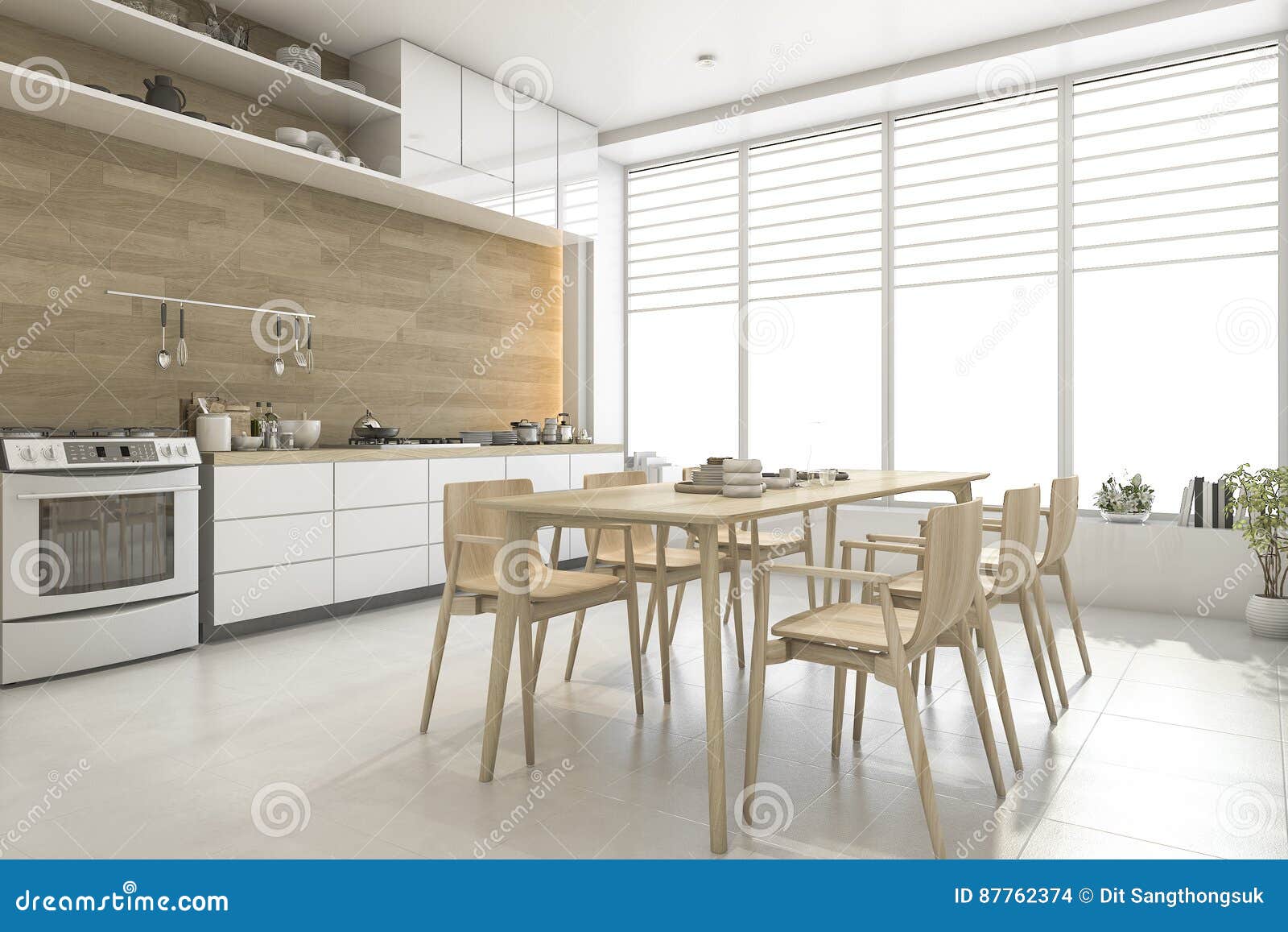 3d Rendering White Scandinavian Style Wood Kitchen and Dining Room ...