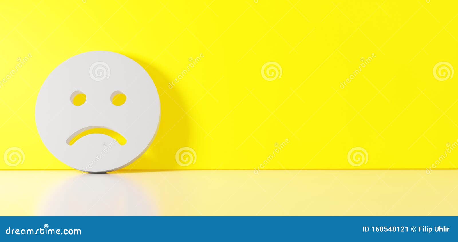 3D Rendering of White Symbol of Frown Icon Leaning on Color Wall with ...