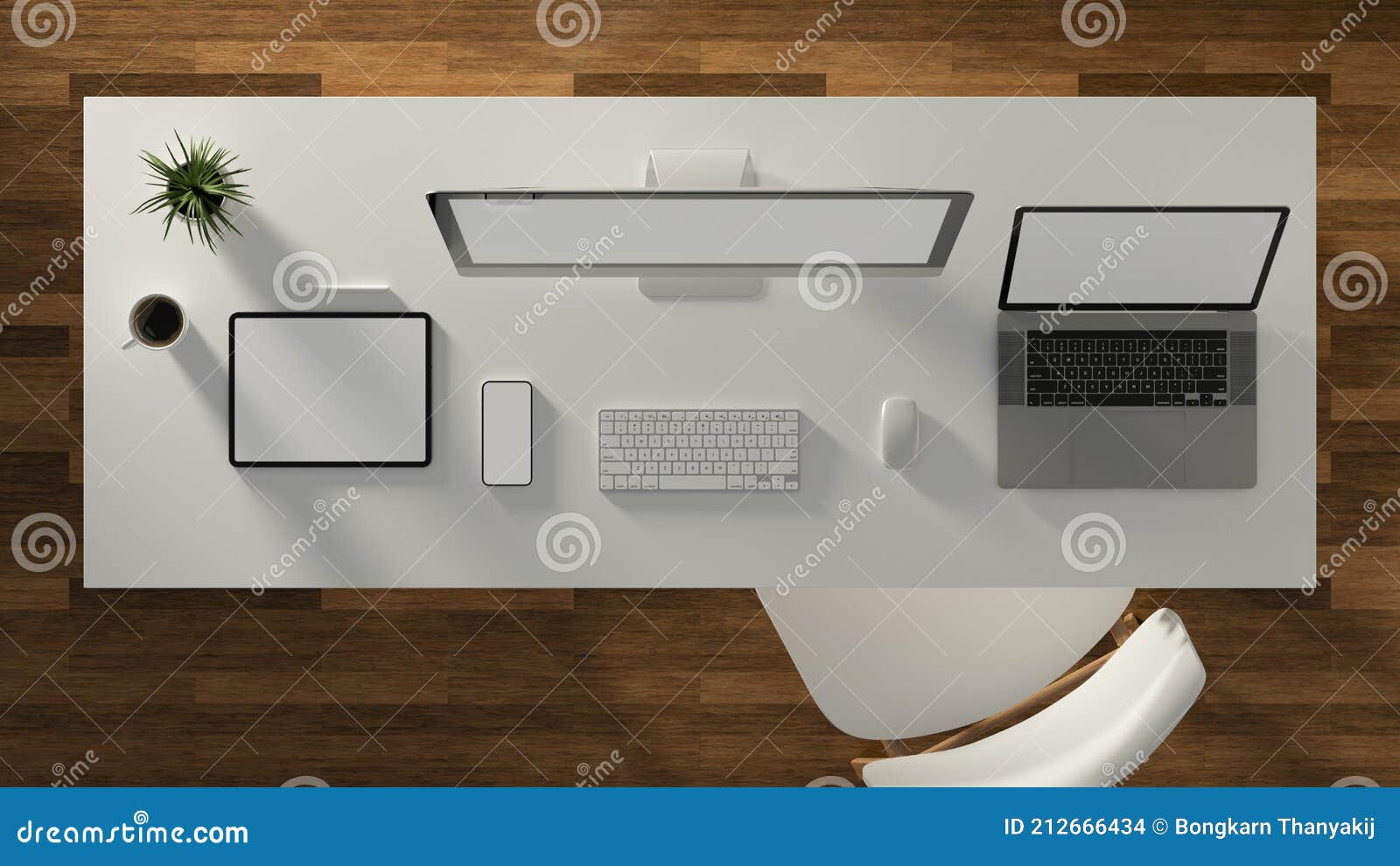 3D Rendering, White Table with Computer, Laptop, Tablet, Smartphone and ...