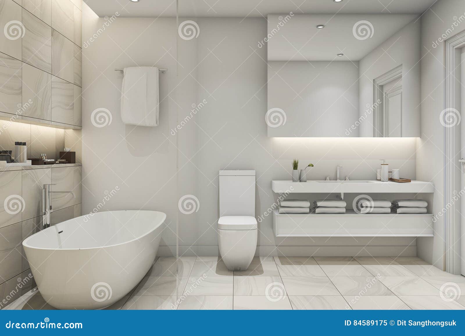 3d Rendering White Tile Marble Luxury Bathroom Stock Illustration ...