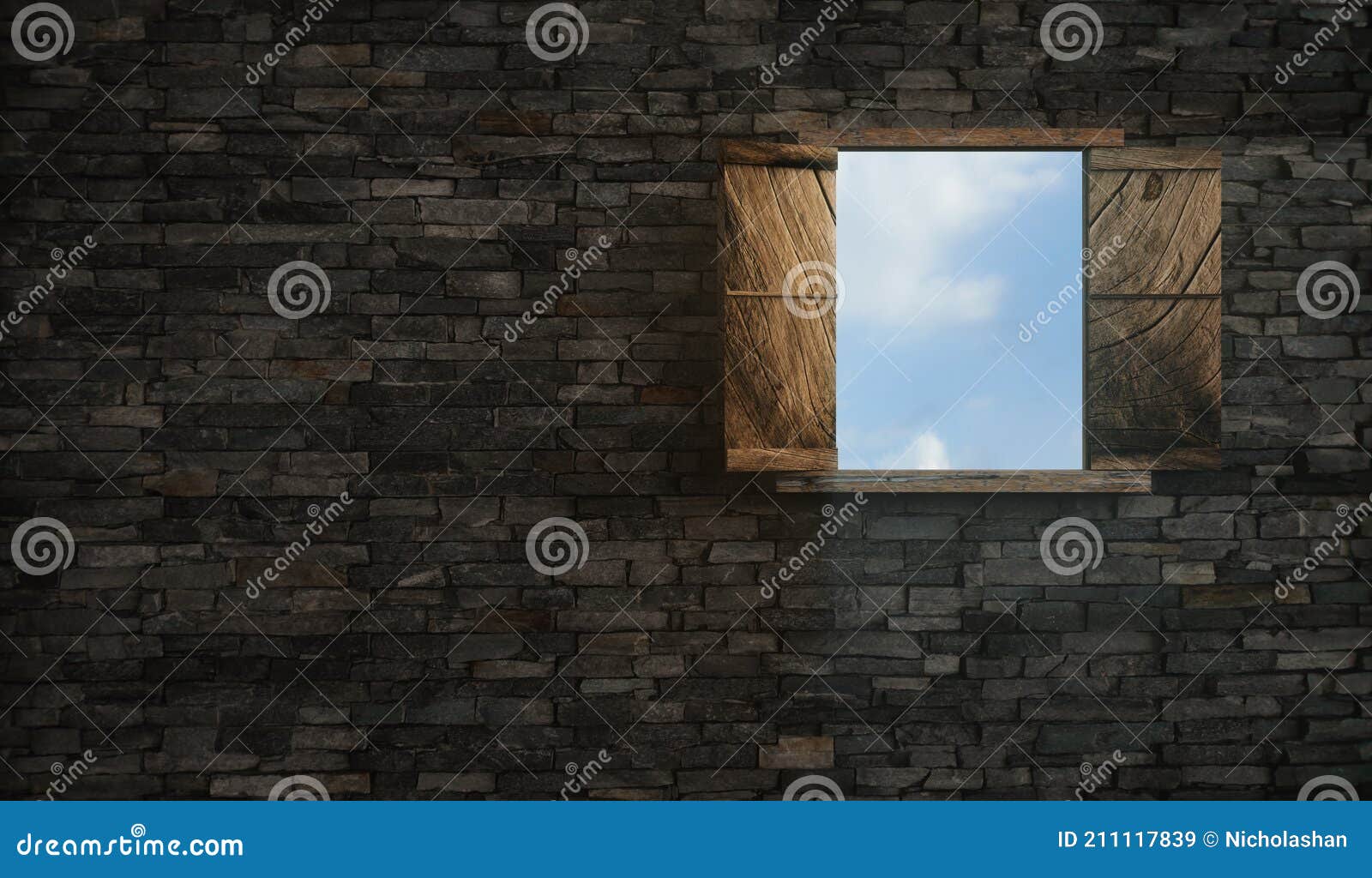 3d Rendering of Window with Nice View in Brick Wall Stock Illustration ...