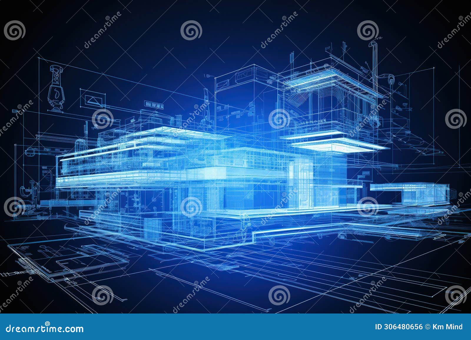 3D Rendering Wireframe Model of Building on Blue Background. Technology ...