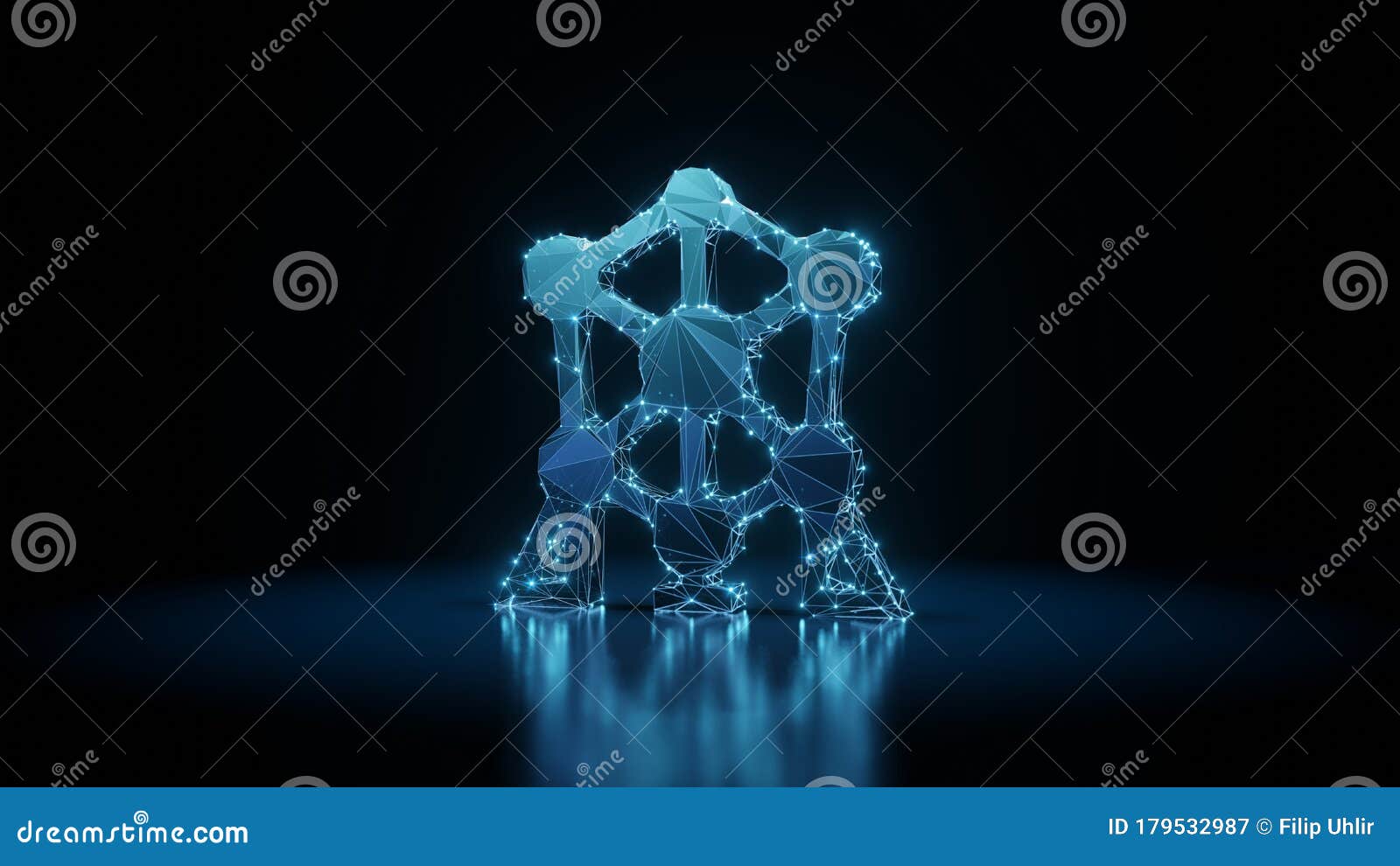 3d Rendering Wireframe Neon Glowing Symbol of Atomium on Black ...