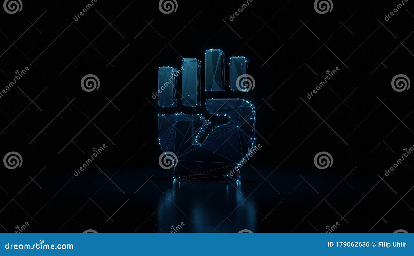 3d Rendering Wireframe Neon Glowing Symbol of Fist Raised on Black ...
