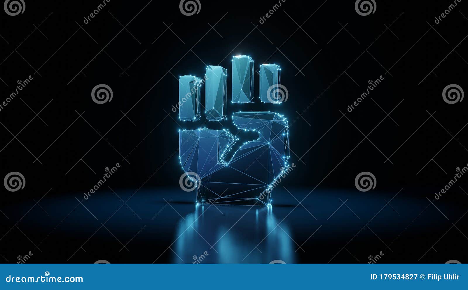 3d Rendering Wireframe Neon Glowing Symbol of Fist Raised on Black ...