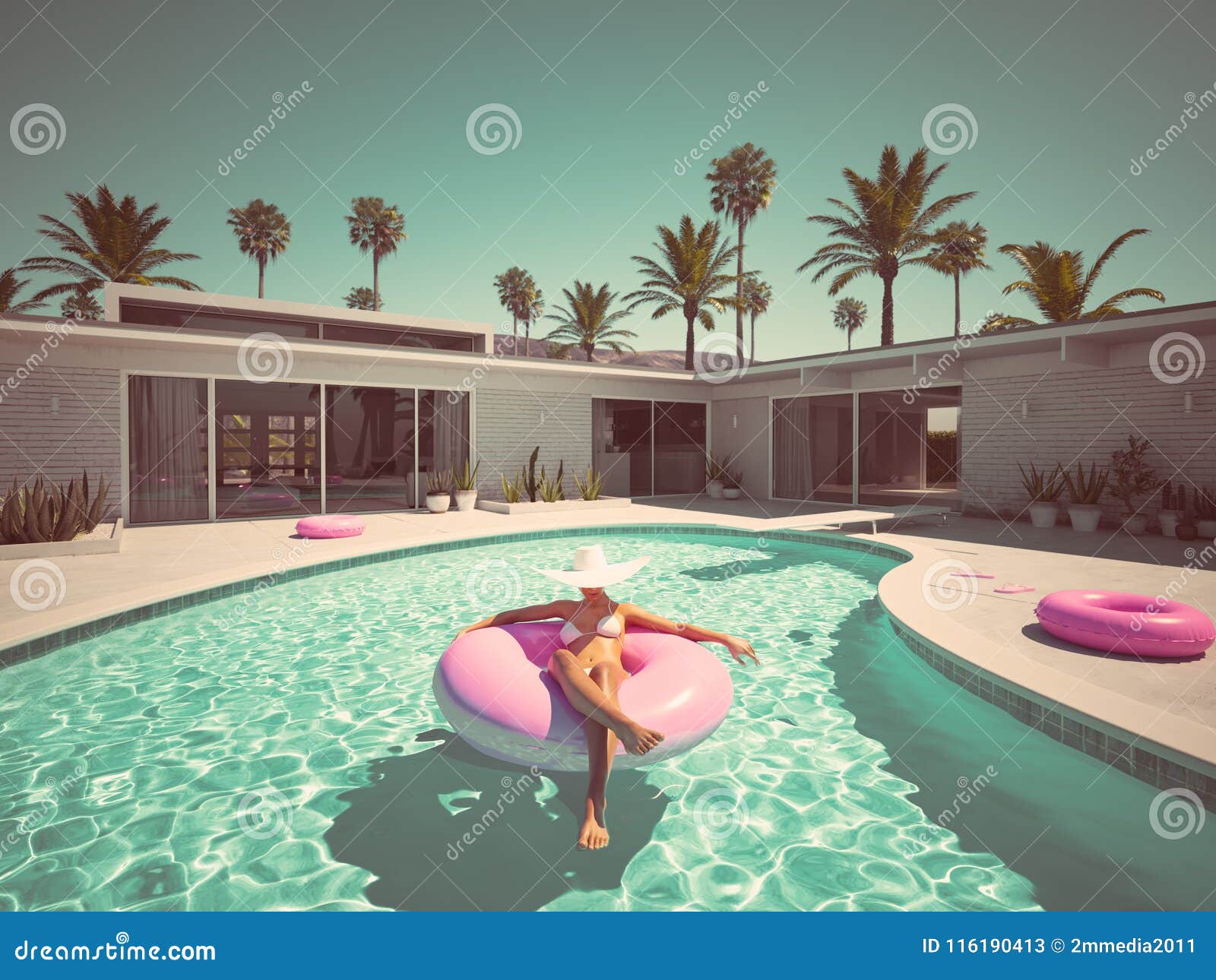 Woman Swimming on Float in a Pool. 3d Rendering Stock Illustration ...