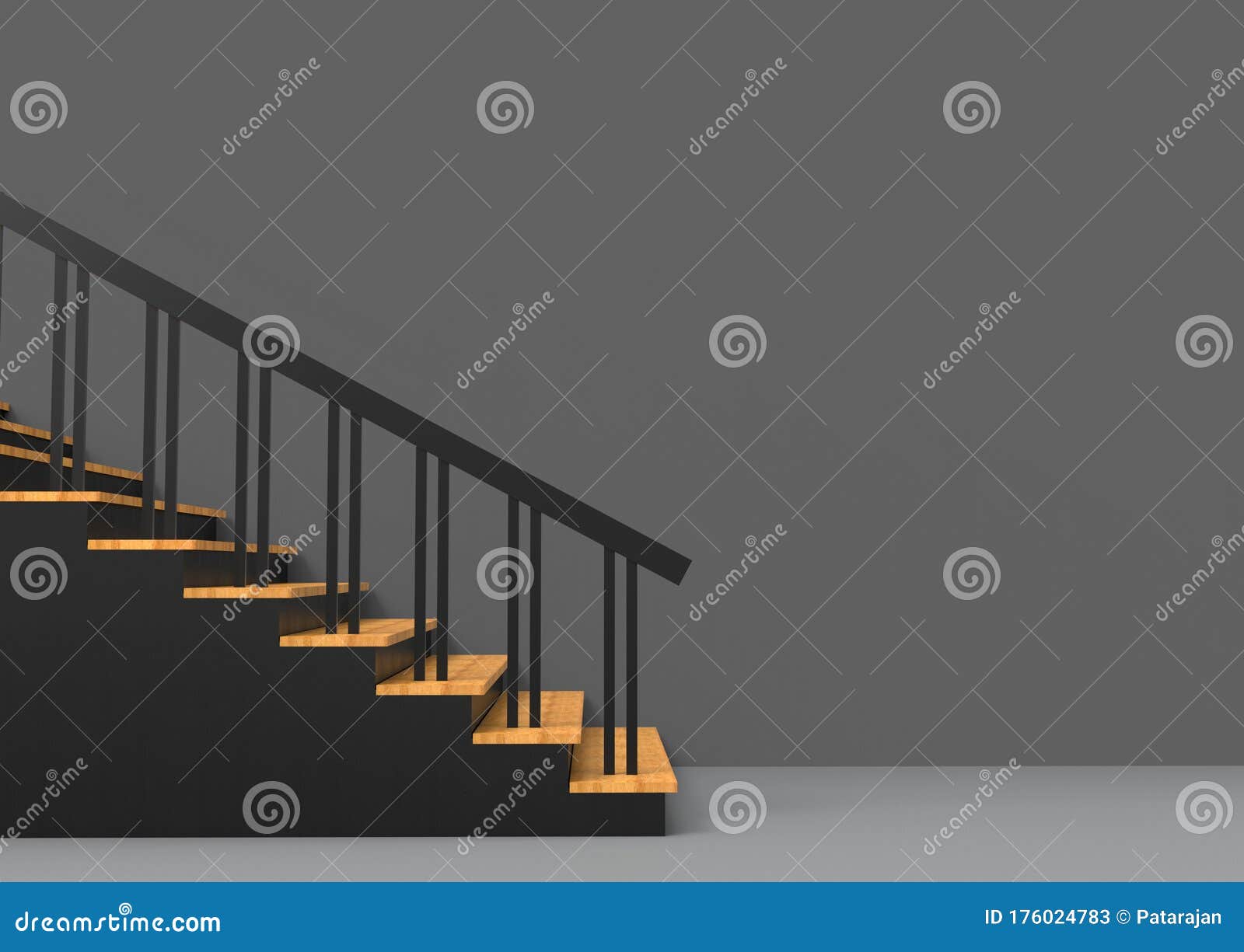 3d Rendering. Wood Panel on Black Stairs with Copy Space Gray Wall As ...