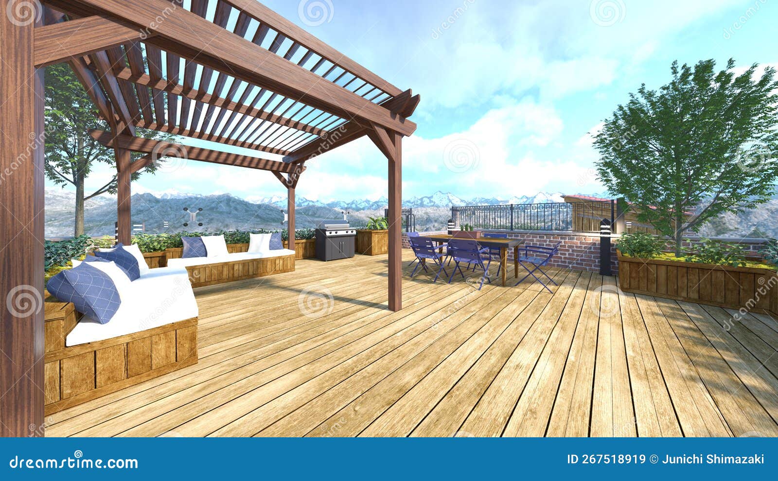 3D Rendering of the Wooden Balcony Stock Illustration - Illustration of ...