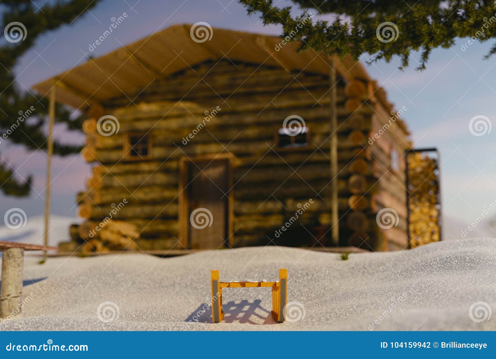 3d Rendering of Wooden Sledge Covered with Snow in Front of Log Stock ...