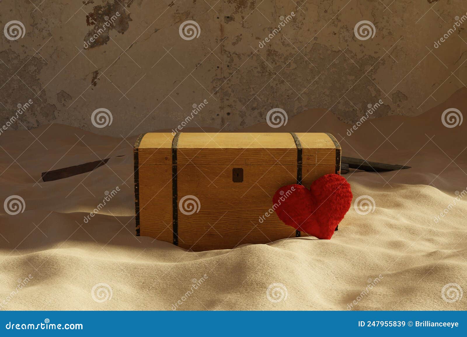 3d Rendering of Wooden Treasure and Leaning Red Heart on Sand Stock ...