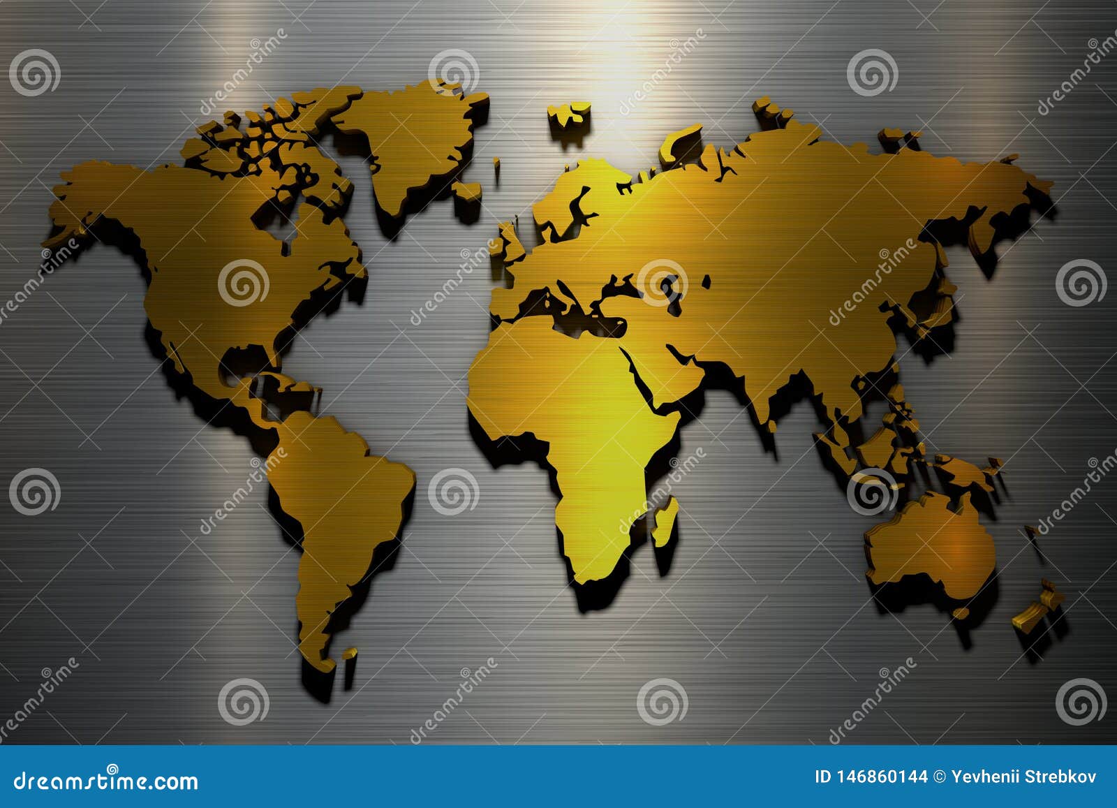 3d Rendering World Map Metallic Gold Color Stock Illustration ...