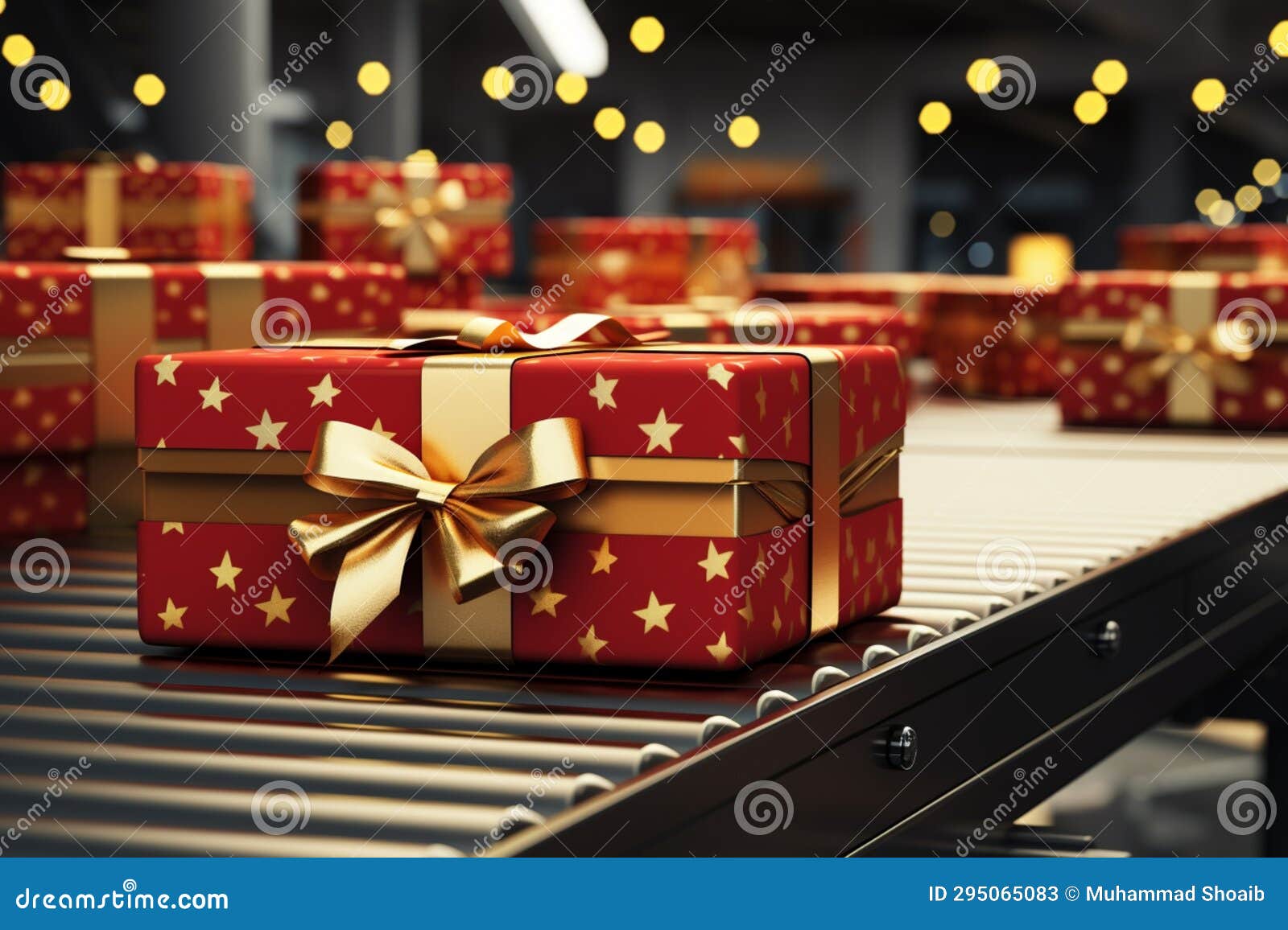 3D Rendering of an Xmas Gift Box on a Conveyor Roller Stock ...