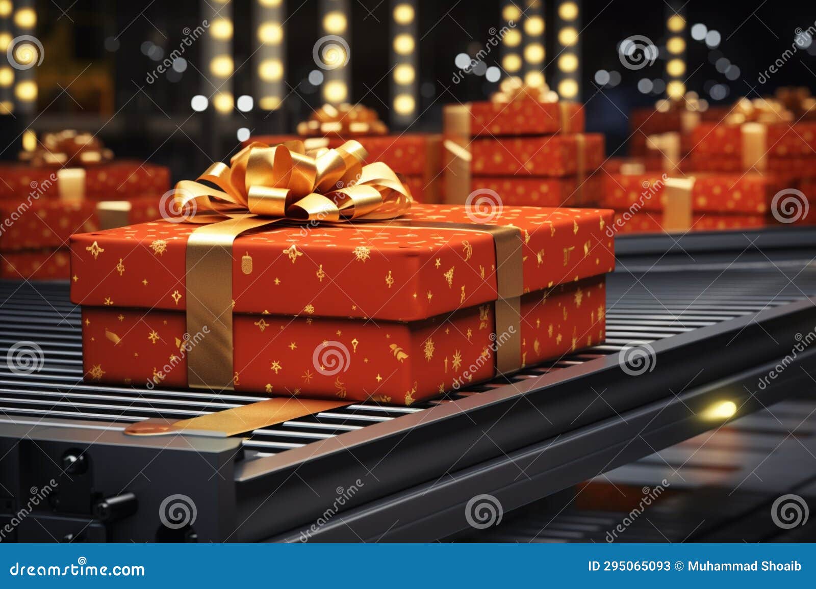 3D Rendering of an Xmas Gift Box on a Conveyor Roller Stock ...