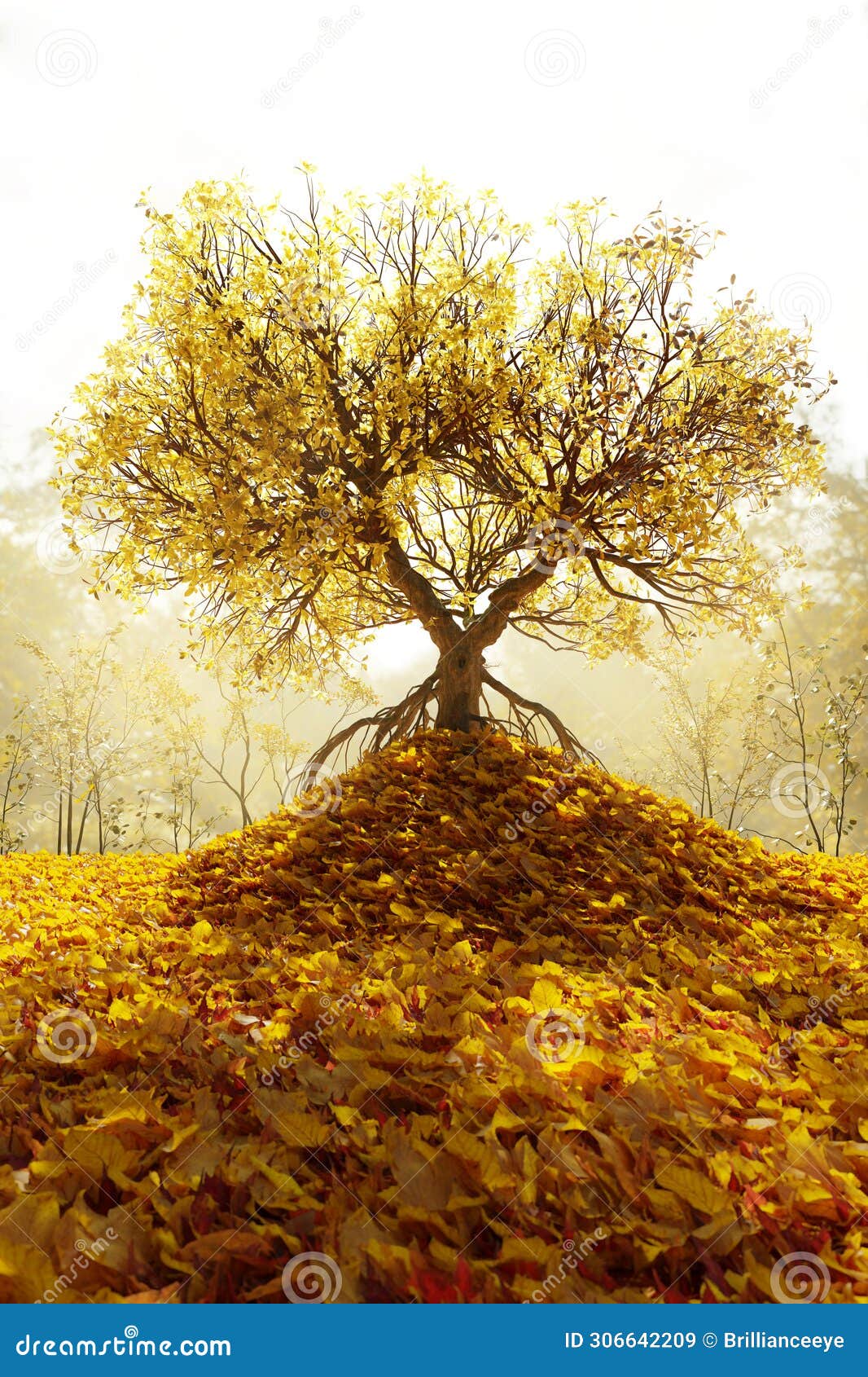 Yellow-colored Tree with Roots Standing on a Pile of Leaves Stock ...