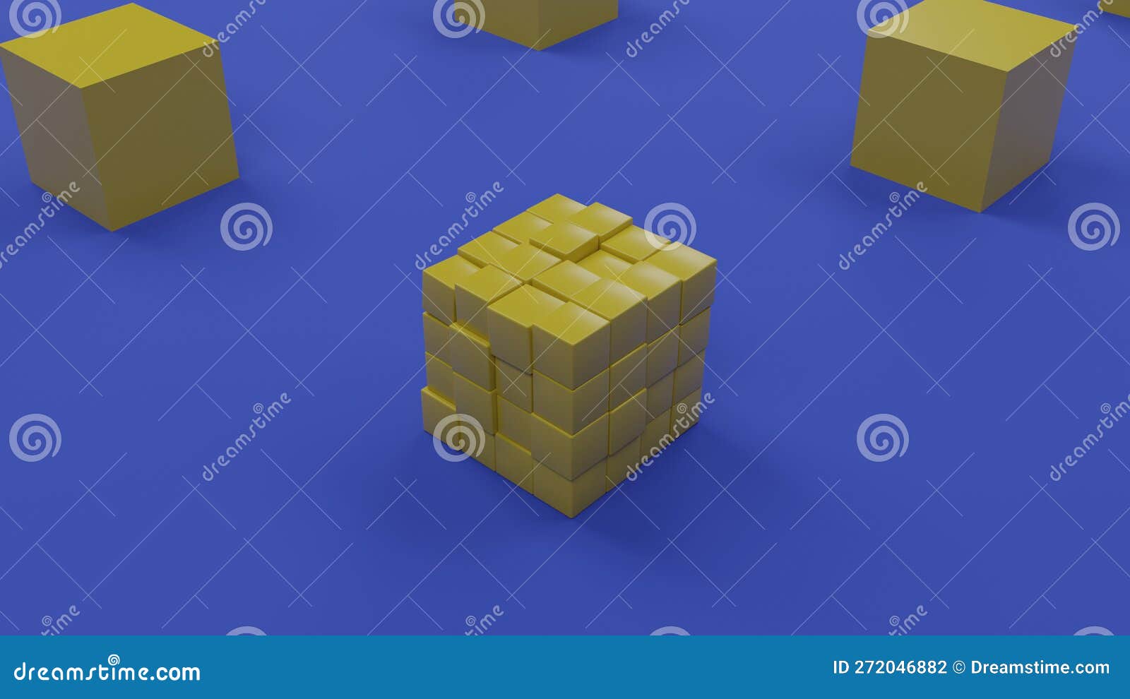 3d Rendering of Yellow Cubes on a Blue Surface. One Cube is Divided ...
