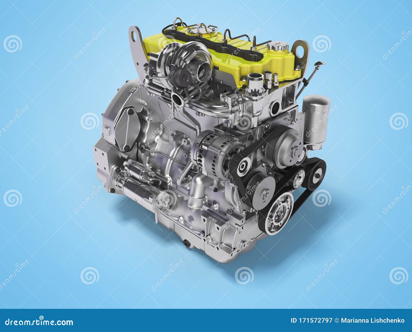3D Rendering Yellow Diesel Engine for Car Perspective on Blue ...