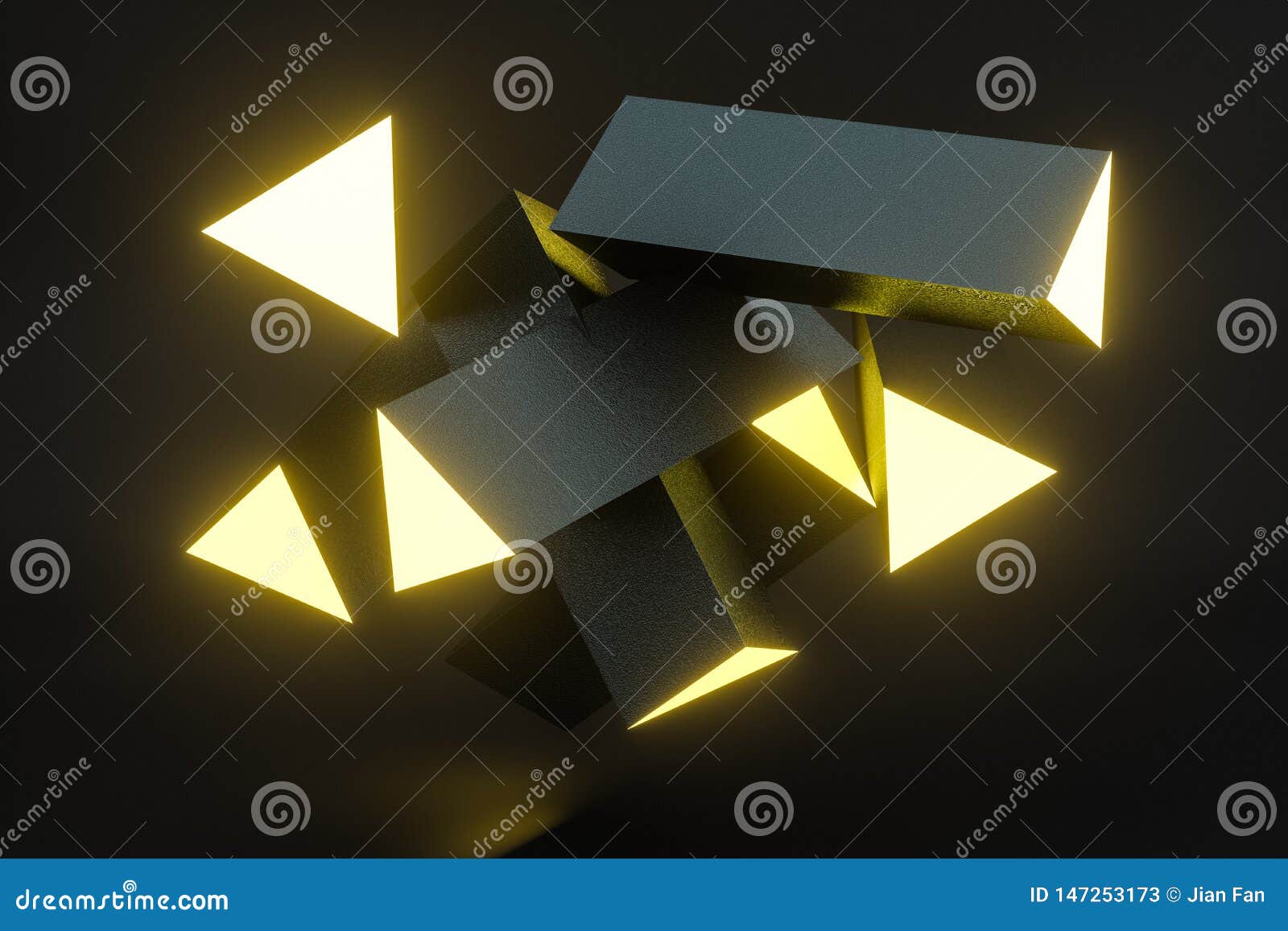 3d Rendering, Yellow Glowing Triangle Pillar with Dark Background Stock ...