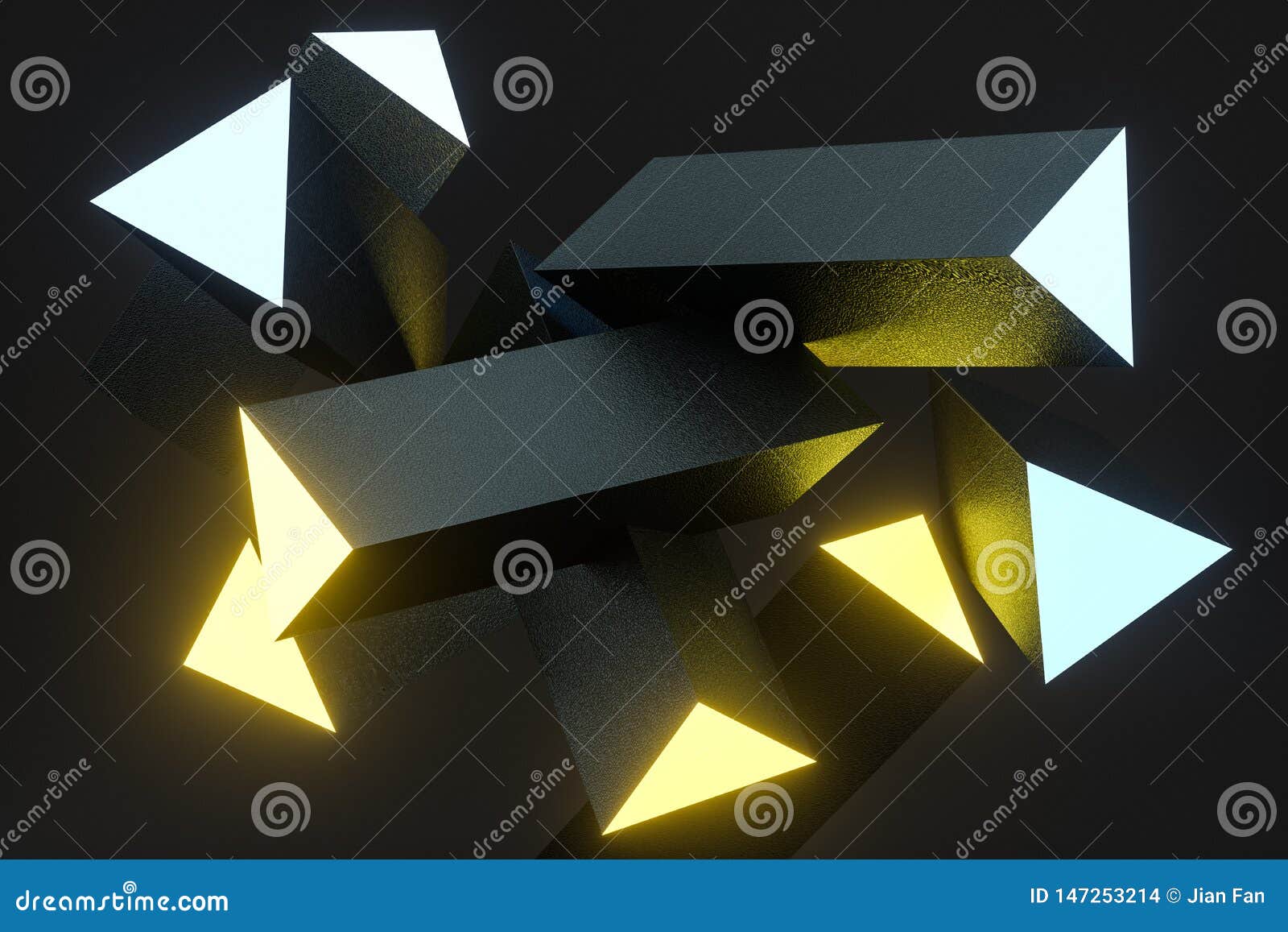3d Rendering, Yellow Glowing Triangle Pillar with Dark Background Stock ...