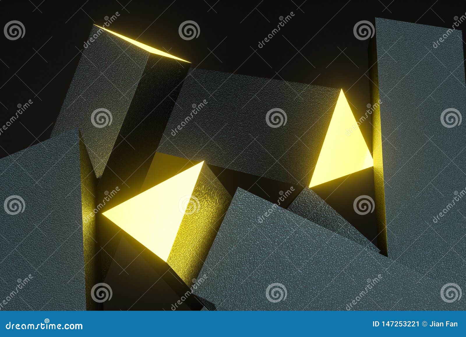 3d Rendering, Yellow Glowing Triangle Pillar with Dark Background Stock ...