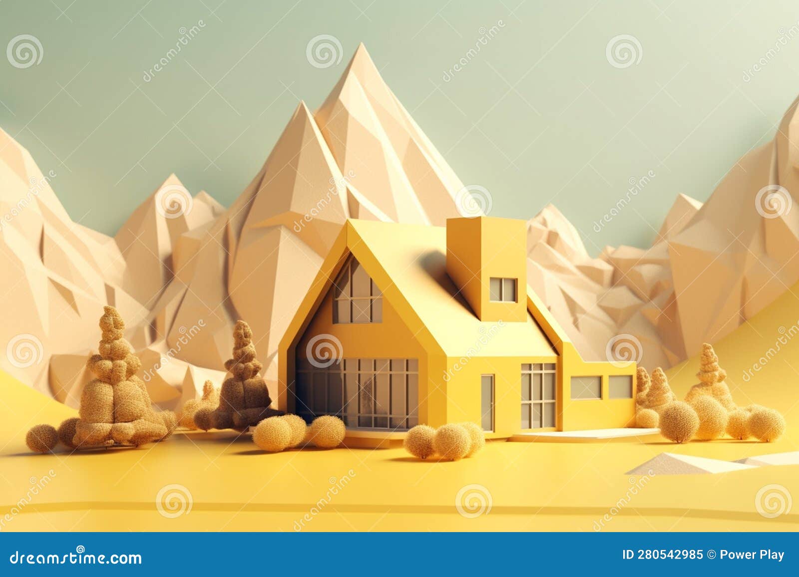 3d Rendering of a Yellow House on the Background of Mountains ...