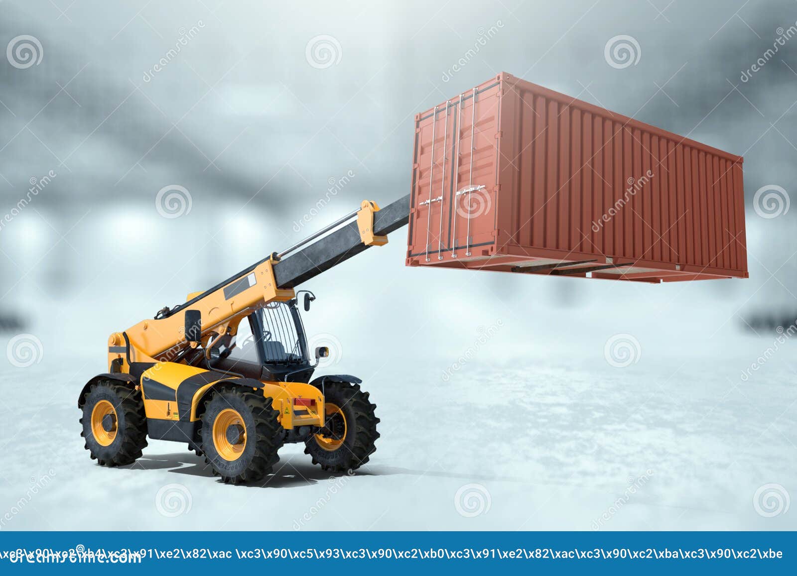 3D Rendering, Yellow Loader on the Background of a Large Warehouse. the ...