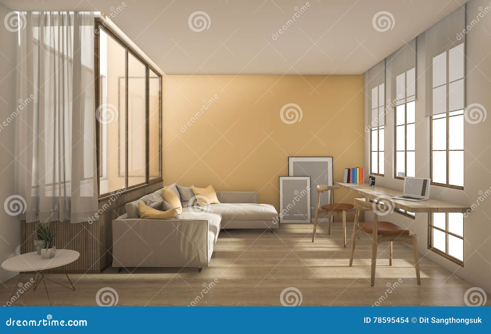 3d Rendering Yellow Modern Livingroom with Daylight from Window Stock ...
