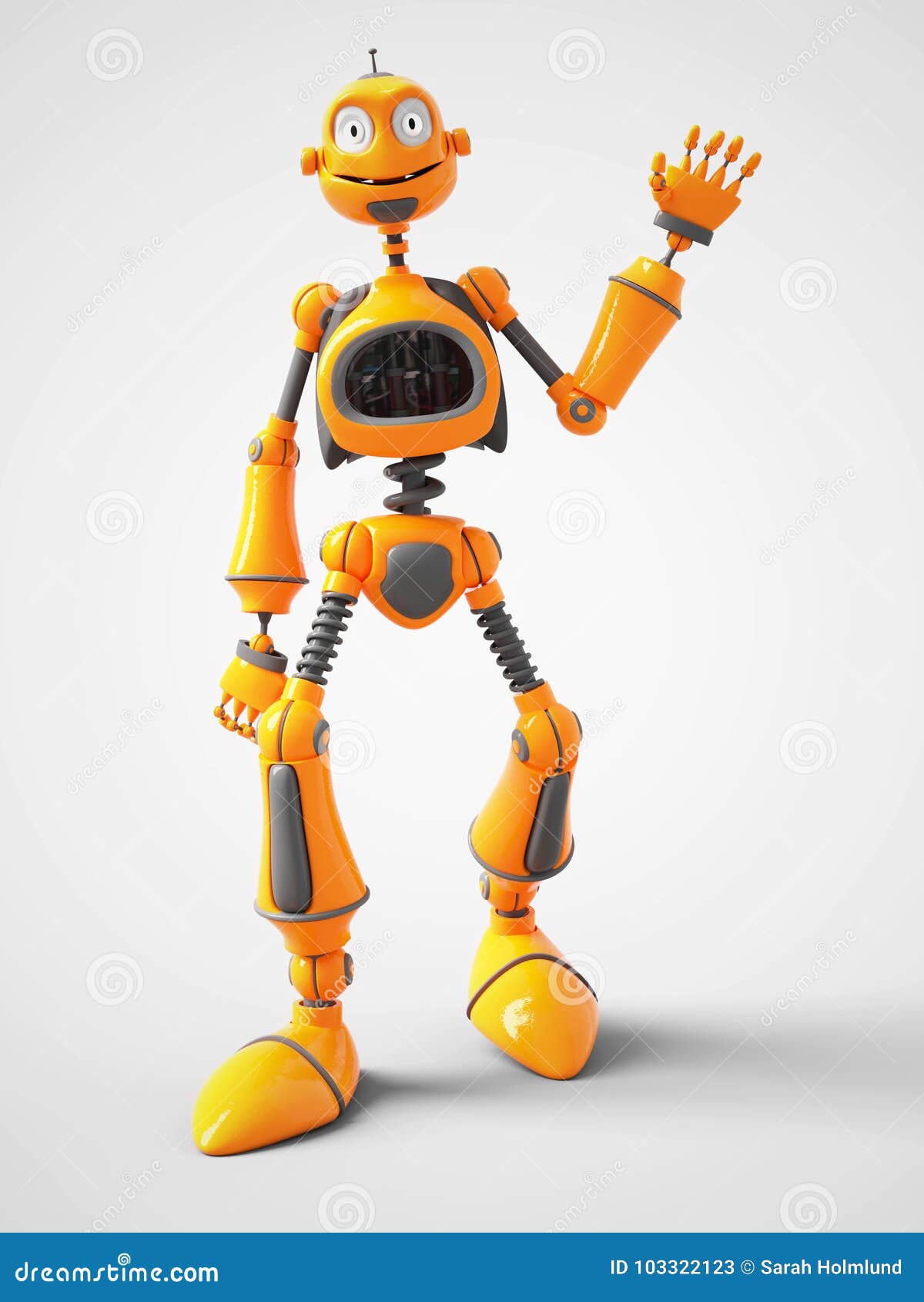 Yellow Cartoon Robot Waving Hello. Stock Illustration - Illustration of ...