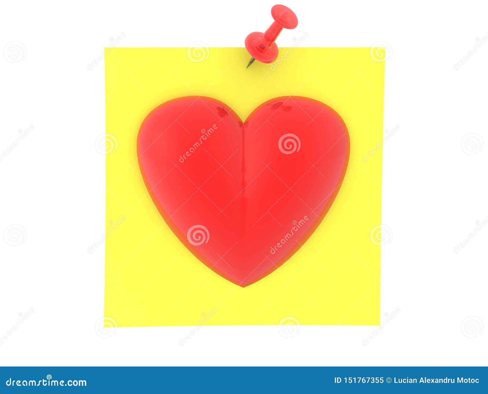 3D Rendering of Yellow Sticky Note with Red Heart on it Stock ...