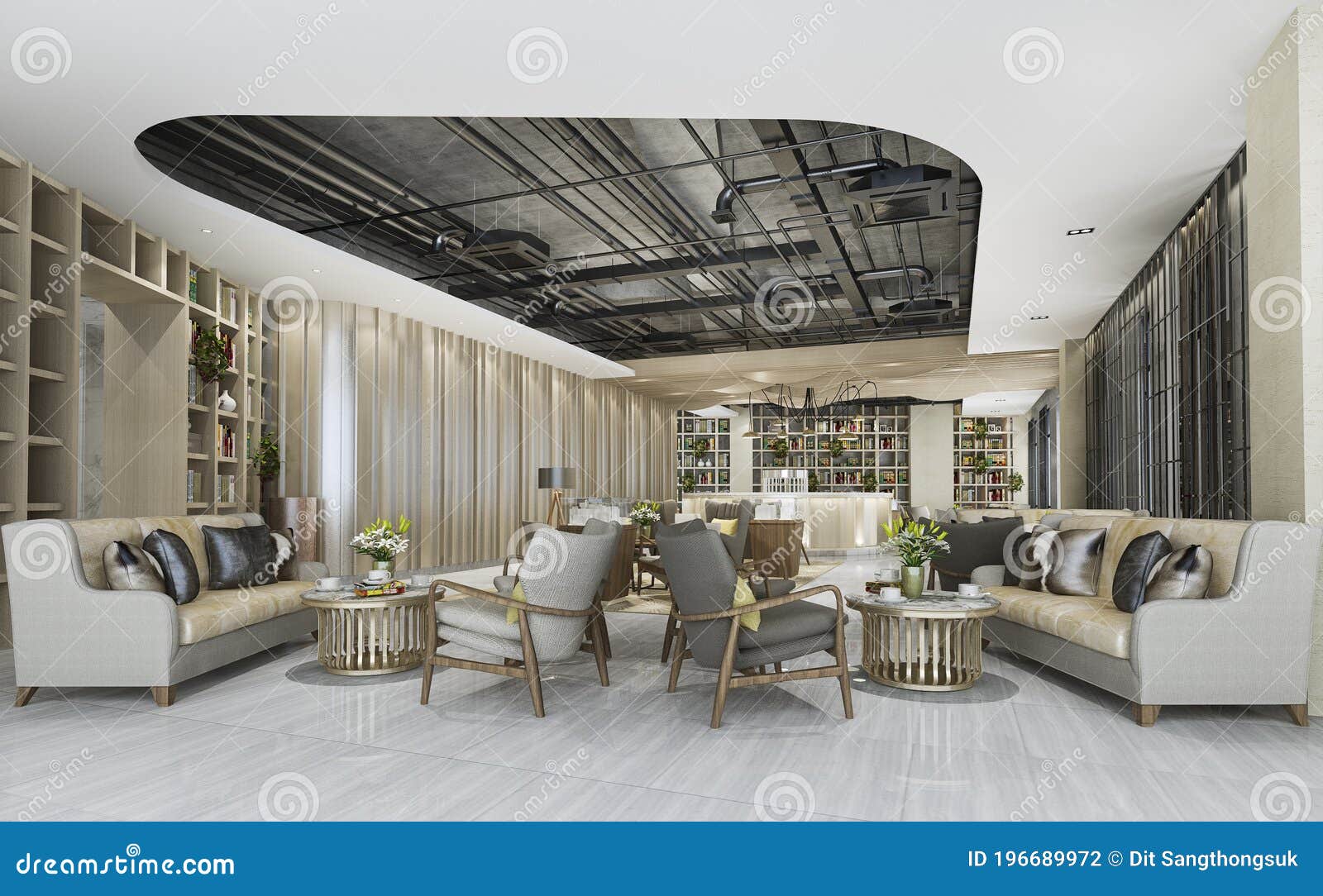 3d Renering Elegant Lounge Lobby Area with Counter and Shelf Stock ...