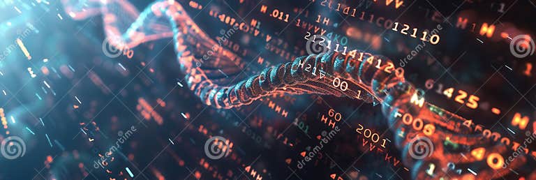A 3D Representation Showcases a Vibrant DNA Strand Combined with Data Streams and Binary Code ...