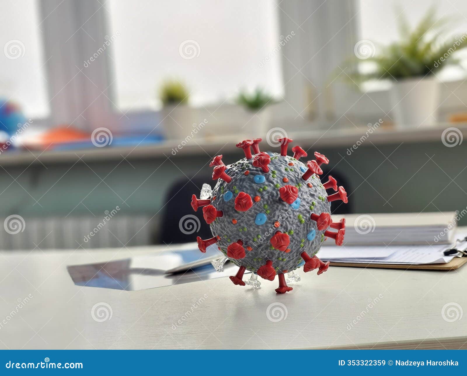 3D Representation of a Virus Model on a Desk in a Classroom Stock Image ...