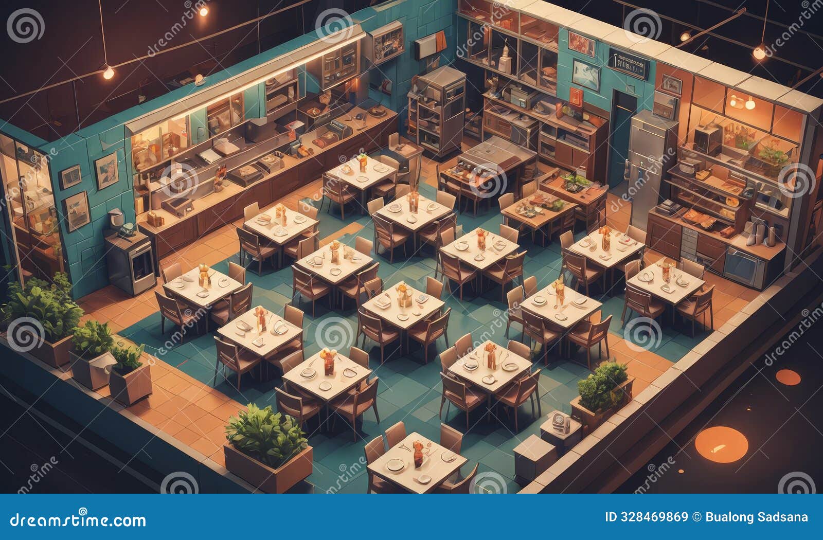 3D Restaurant Interior Features Kitchen Area with Sink, Stove, and ...