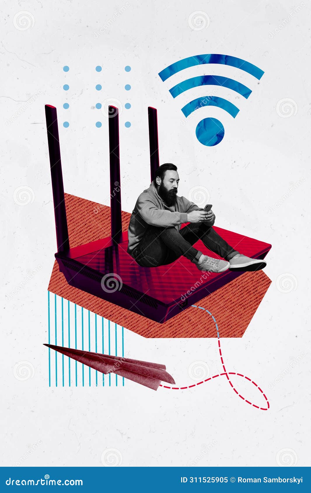 3d Retro Abstract Creative Artwork Template Collage of Wifi Router ...