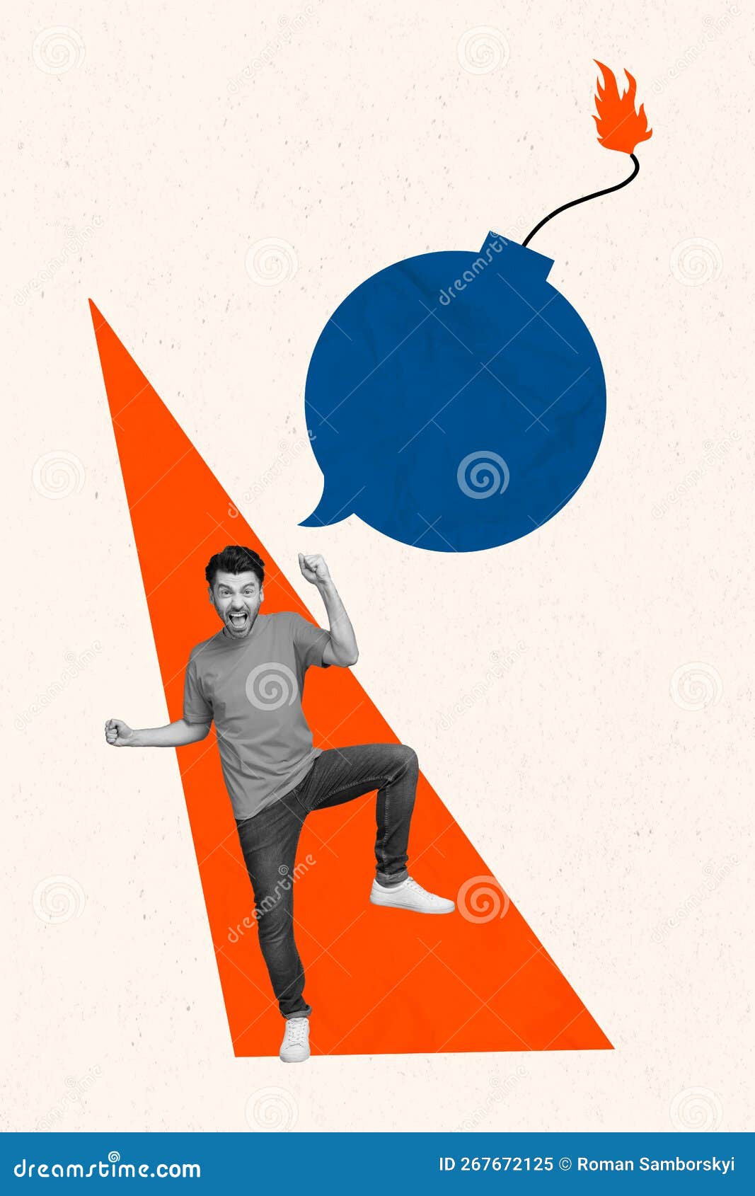 3d Retro Creative Artwork Template Collage of Aggressive Guy Bomb Mind ...